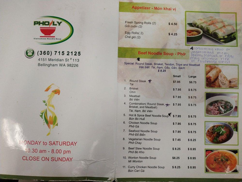 Menu at Pho Ly restaurant, Bellingham, 4151 Meridian St # 113