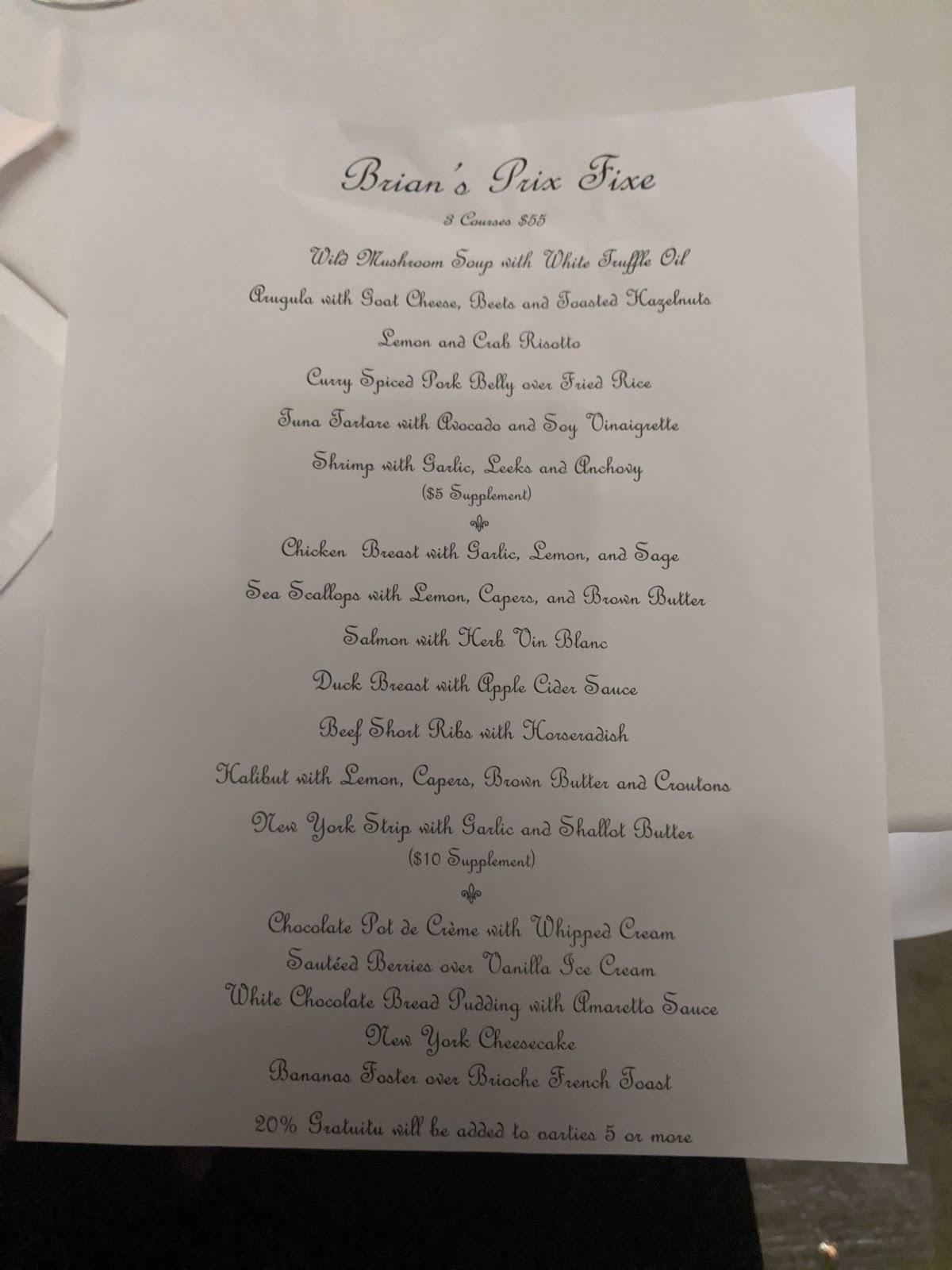 Menu at Brian's at the Grill restaurant, Lambertville