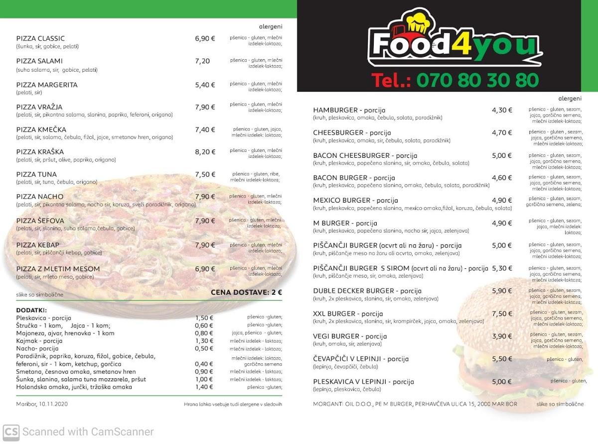Menu at Food4you restaurant, Maribor