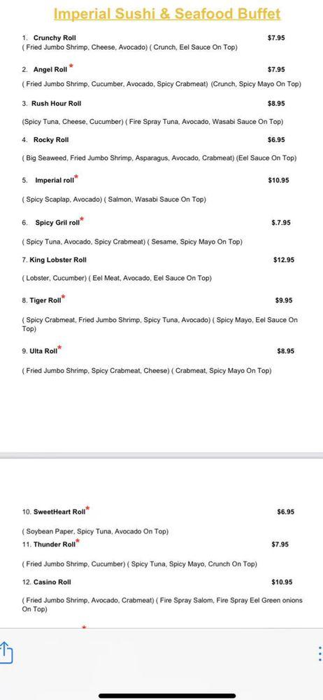 Menu at Imperial Sushi Seafood Buffet restaurant, Las Vegas, Spring ...