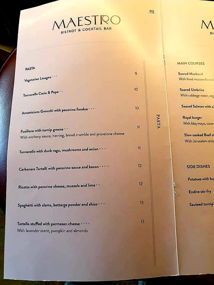 Menu at Maestro Bistrot restaurant, Rome