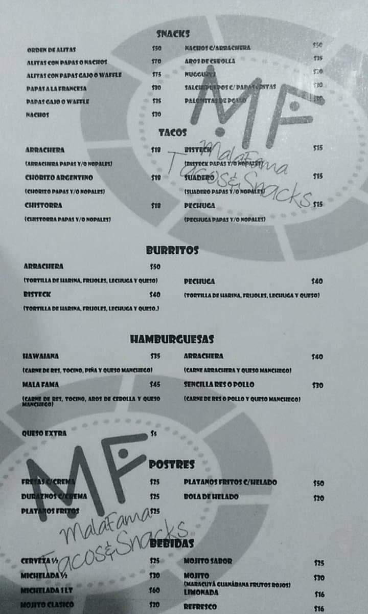 Menu at Mala Fama tacos & snacks restaurant, Ciudad Nezahualcóyotl
