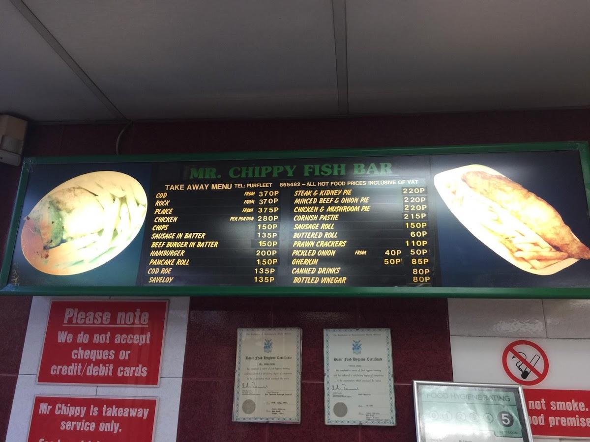 Menu at Mr Chippy restaurant, Grays, 660 London Rd