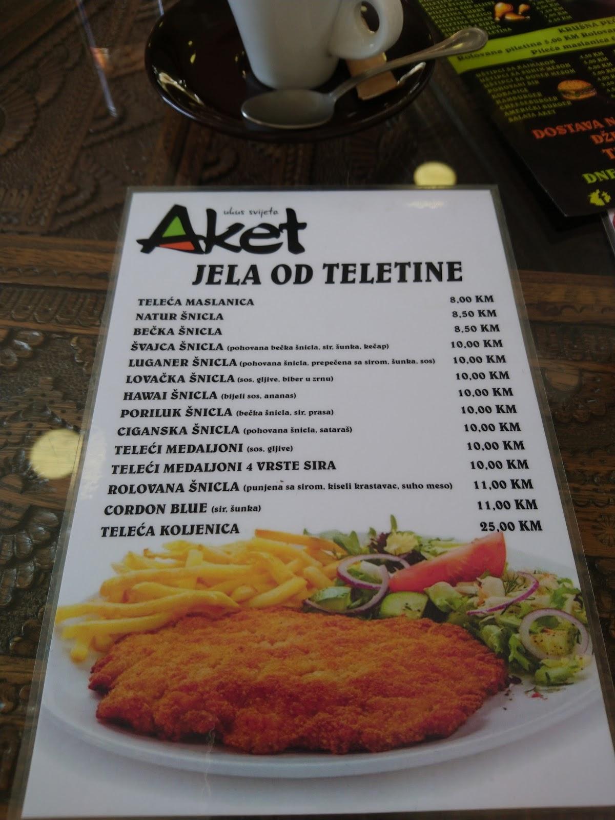 Menu at Restoran Aket restaurant, Ilidža, Džemala Bijedića br. 226