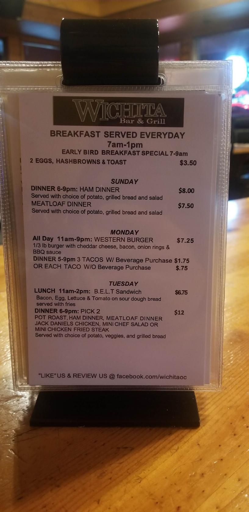 Menu at Wichita Bar & Grill, Oregon City