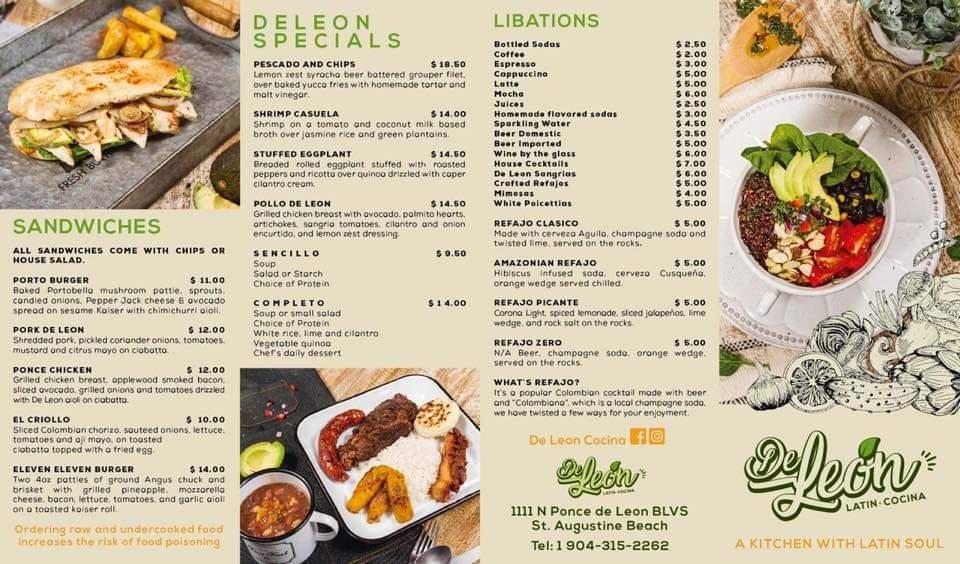 Menu at De Leon Latin Cocina restaurant, St. Augustine