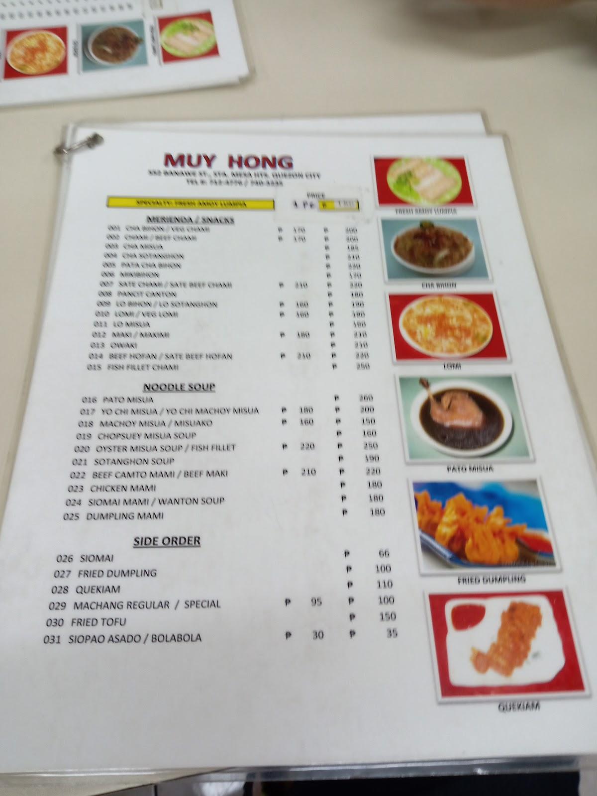 Menu at Muy Hong restaurant, Quezon City