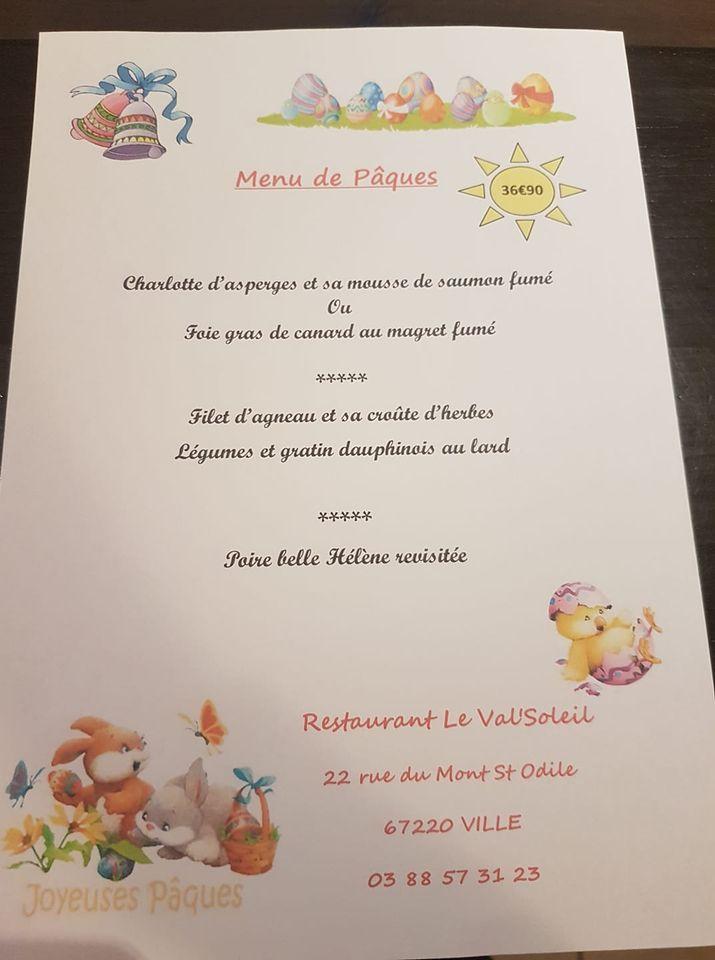 Menu at Le Val'Soleil restaurant, Villé