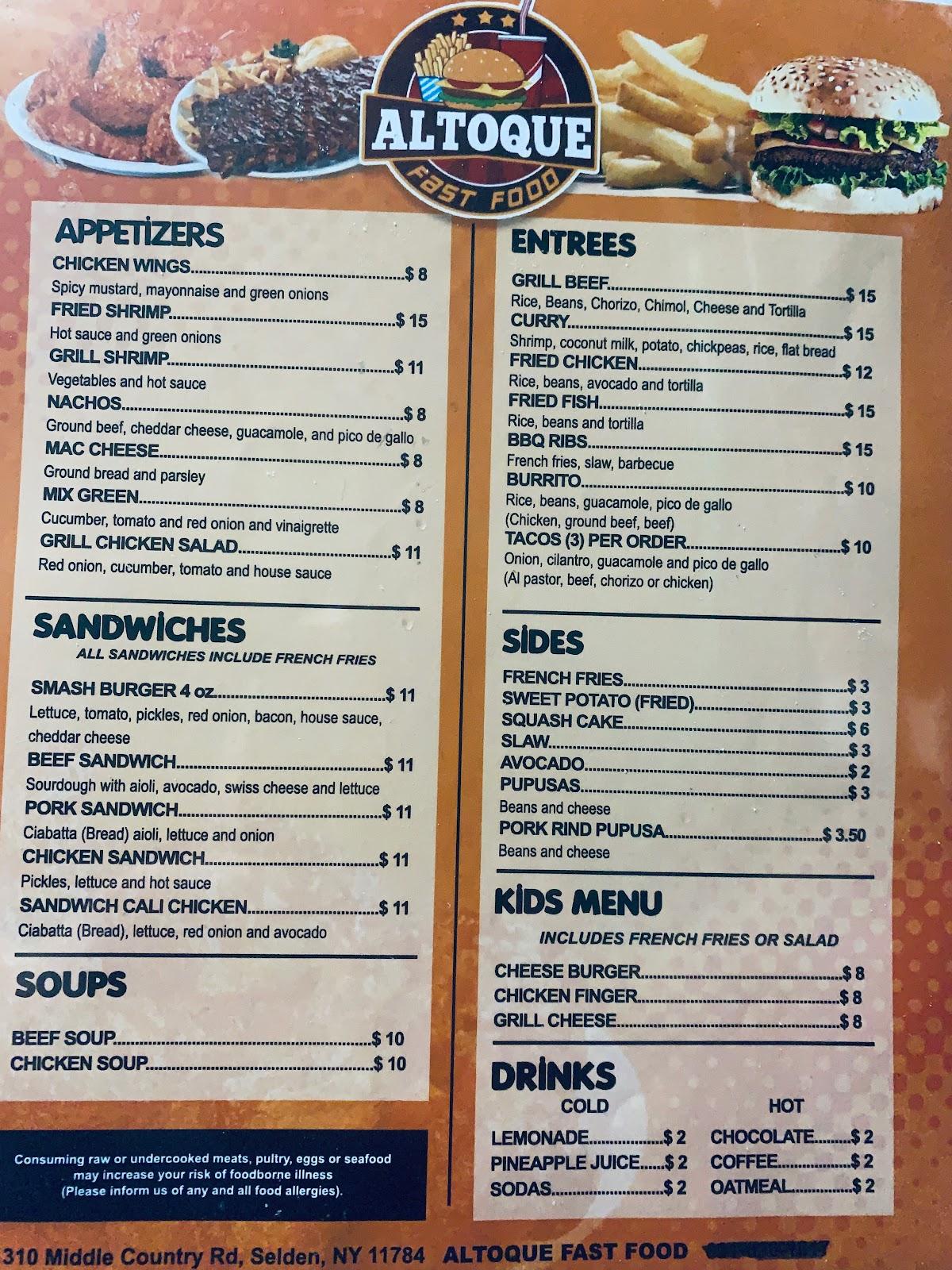 Menu at Altoque fast food, Selden