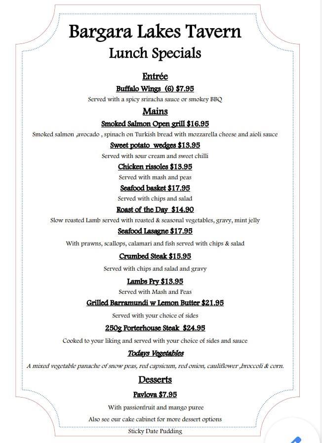 Menu at Bargara Lakes Tavern, Bargara