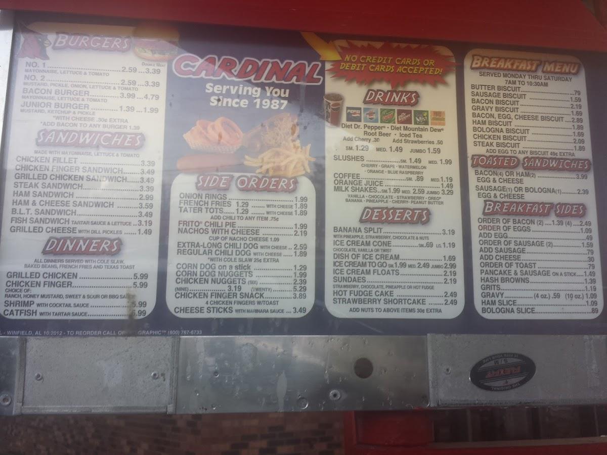 Menu at Cardinal Drive In restaurant, Winfield, 364 Bankhead Hwy