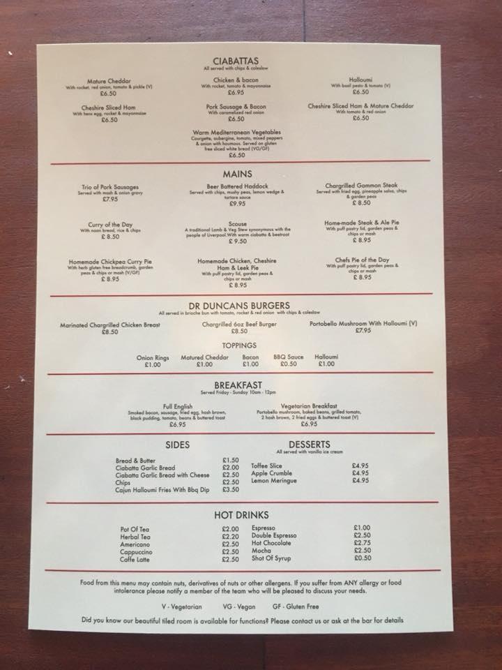 Menu at Doctor Duncan's pub & bar, Liverpool