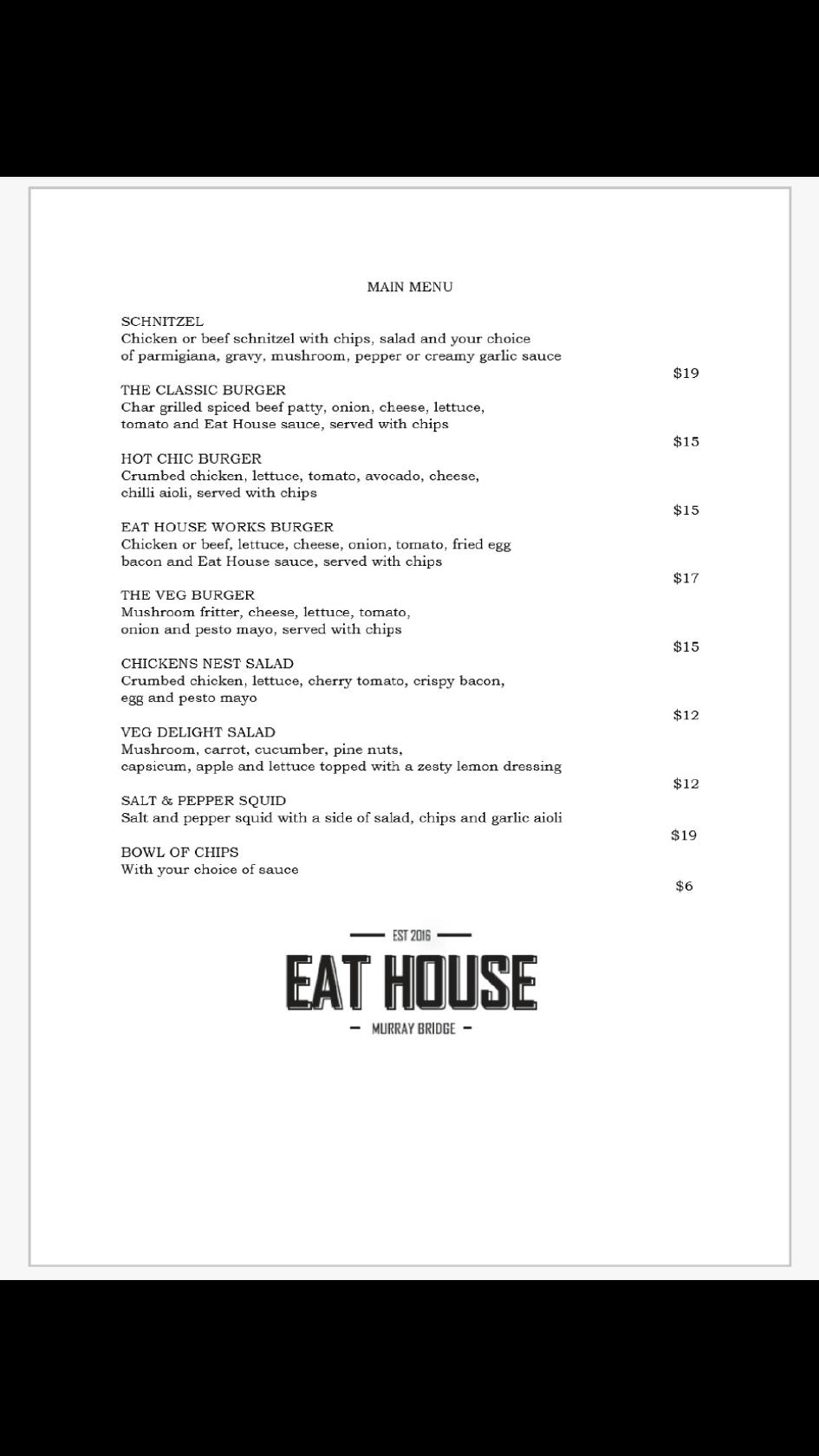 Menu at Eat House cafe, Murray Bridge