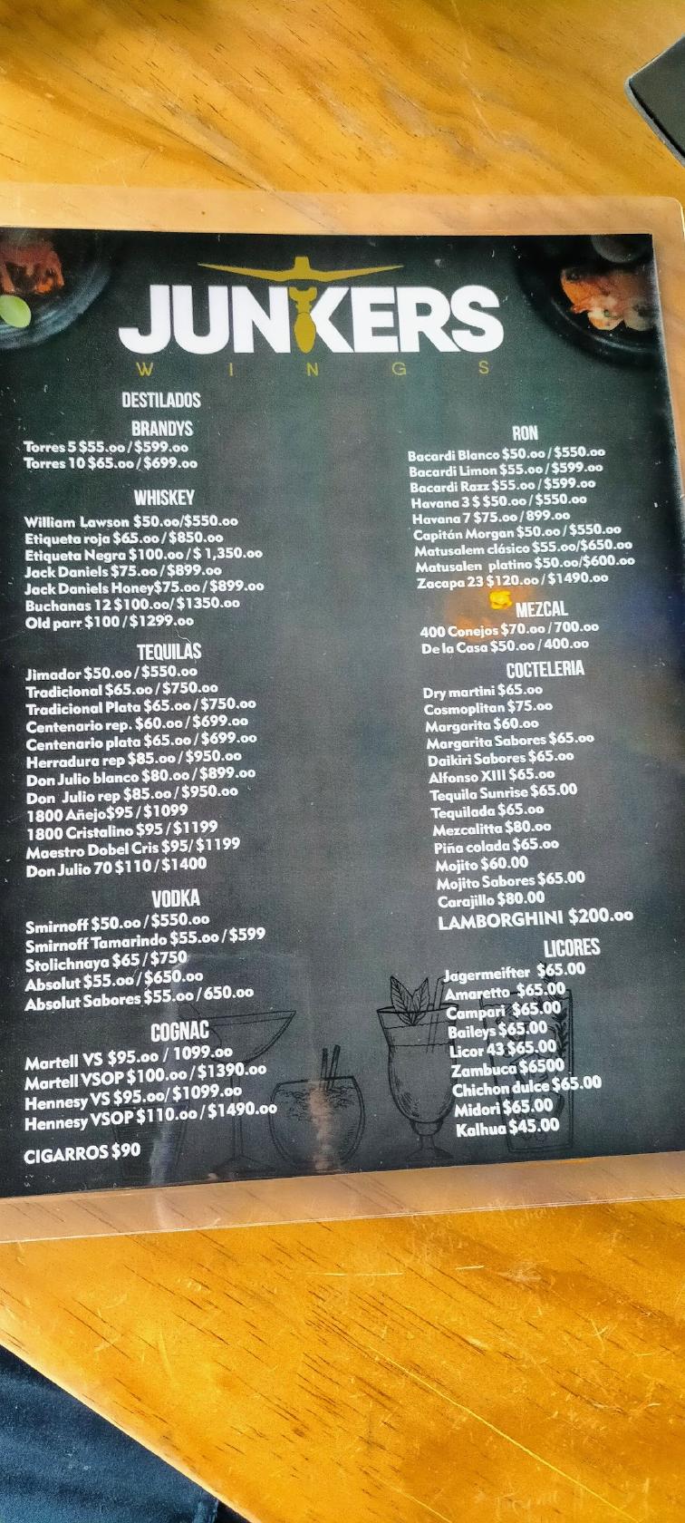 Menu at Junkers wings restaurant, Morelia