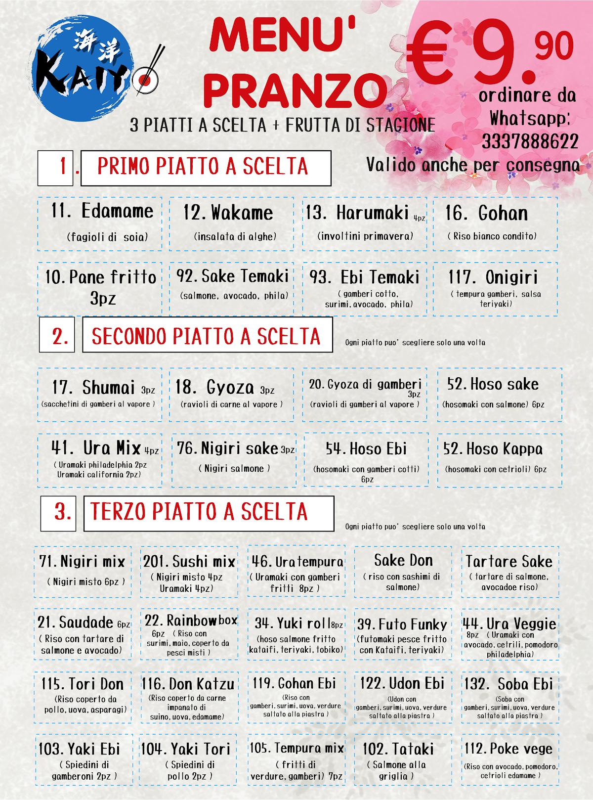 Menu at Kaiyo Sushi restaurant, Trieste