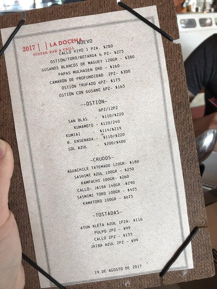 Menu at La Docena restaurant, Ciudad López Mateos, Av. Álvaro Obregón 31
