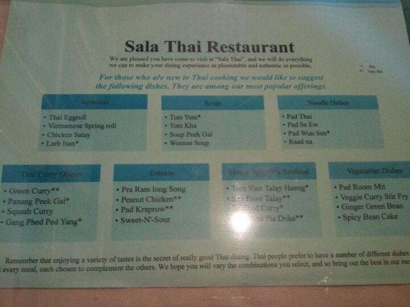 Menu at Sala Thai restaurant, Madison