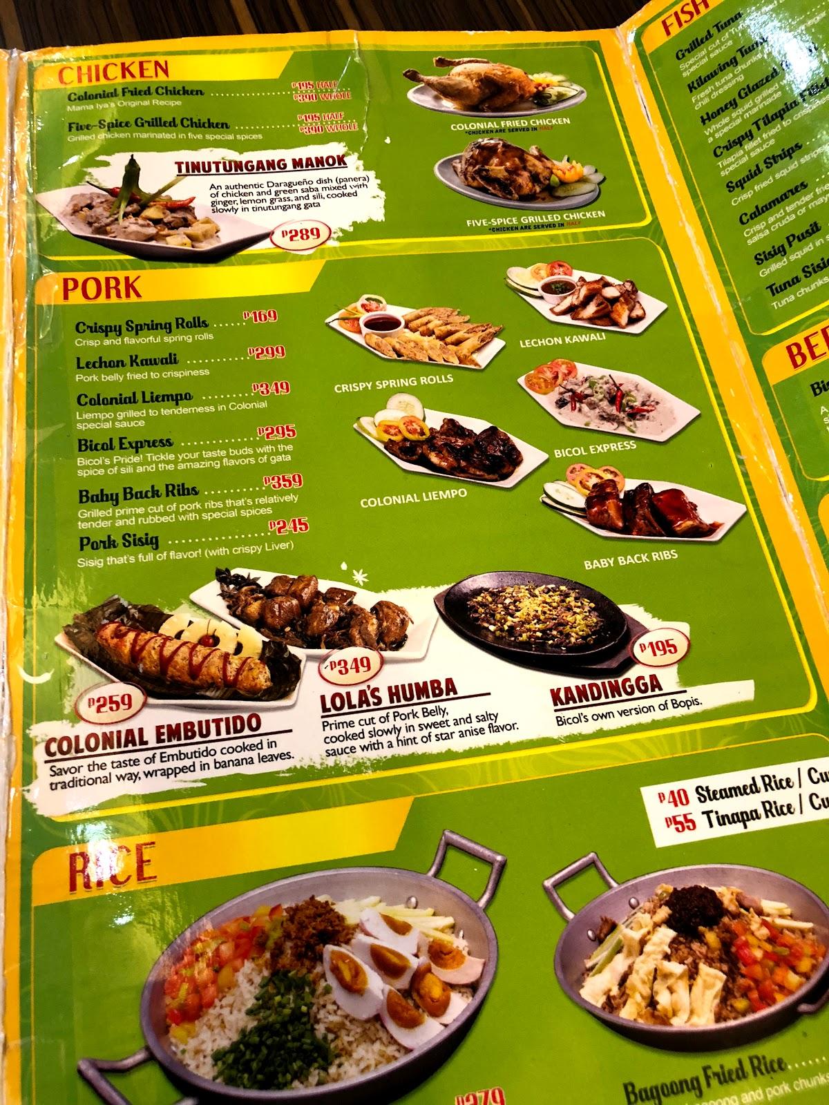 Menu at 1st Colonial Grill restaurant, Legazpi City, 4QW2+62M