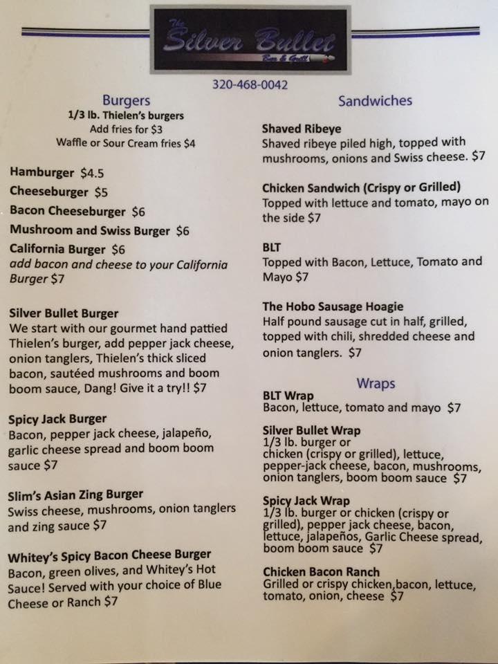 Menu at Silver Bullet Bar & Grill, Pierz