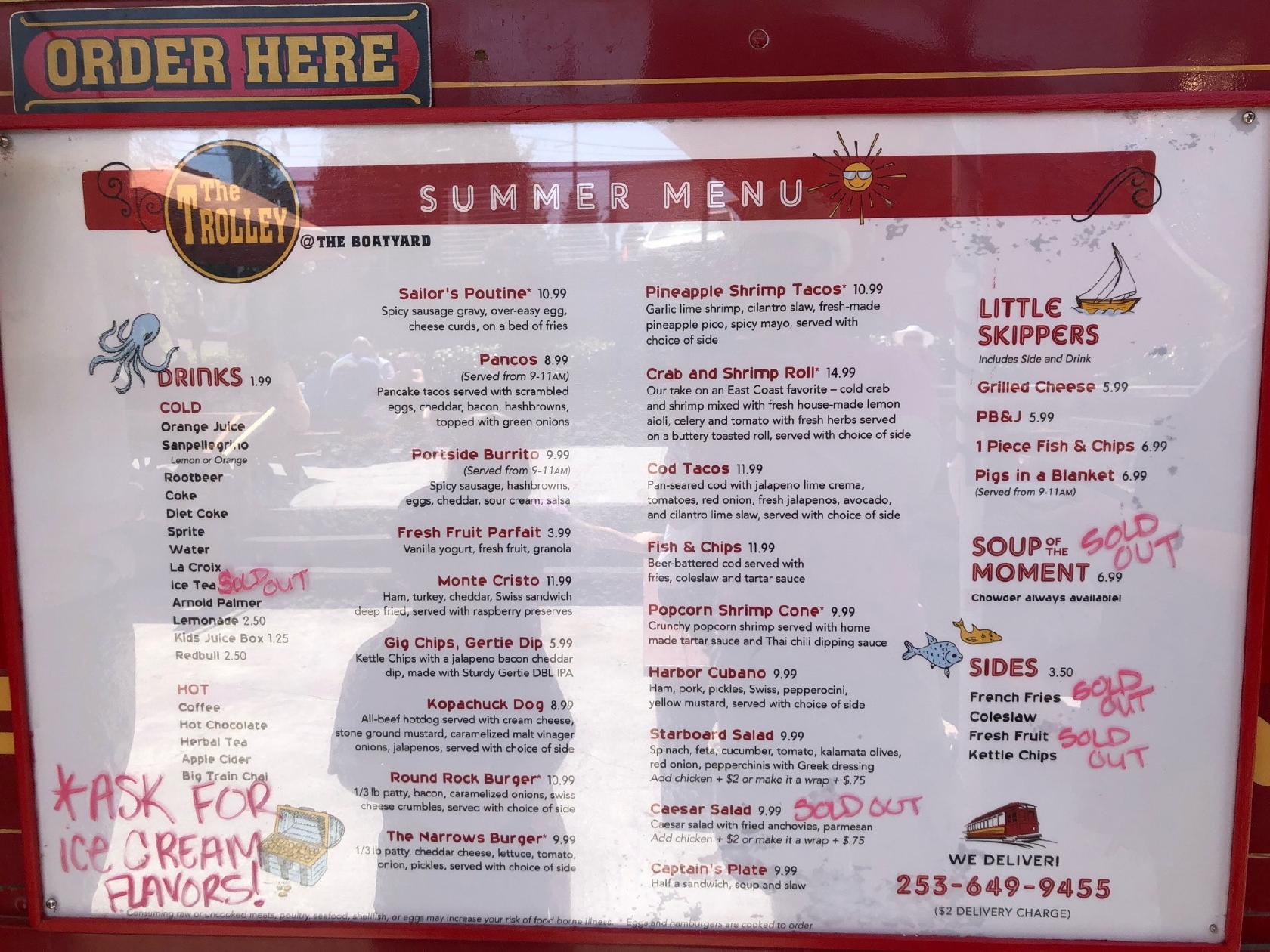 Menu at The Trolley @ the Boatyard restaurant, Gig Harbor