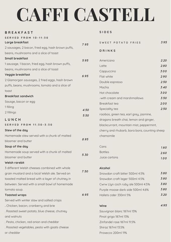 Menu at Caffi Castell Harlech cafe, Harlech