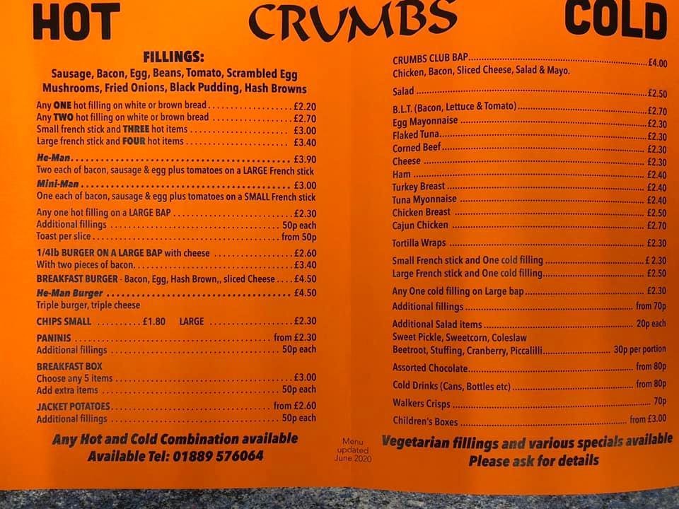 Menu at Crumbs fast food, Rugeley