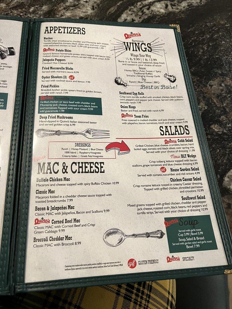 Menu at Quinn's Restaurant & Lounge, Boise
