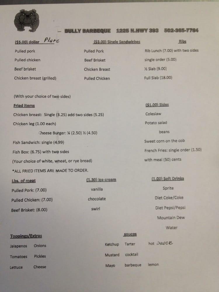 Menu at Bully Barbeque, La Grange, N Hwy 393