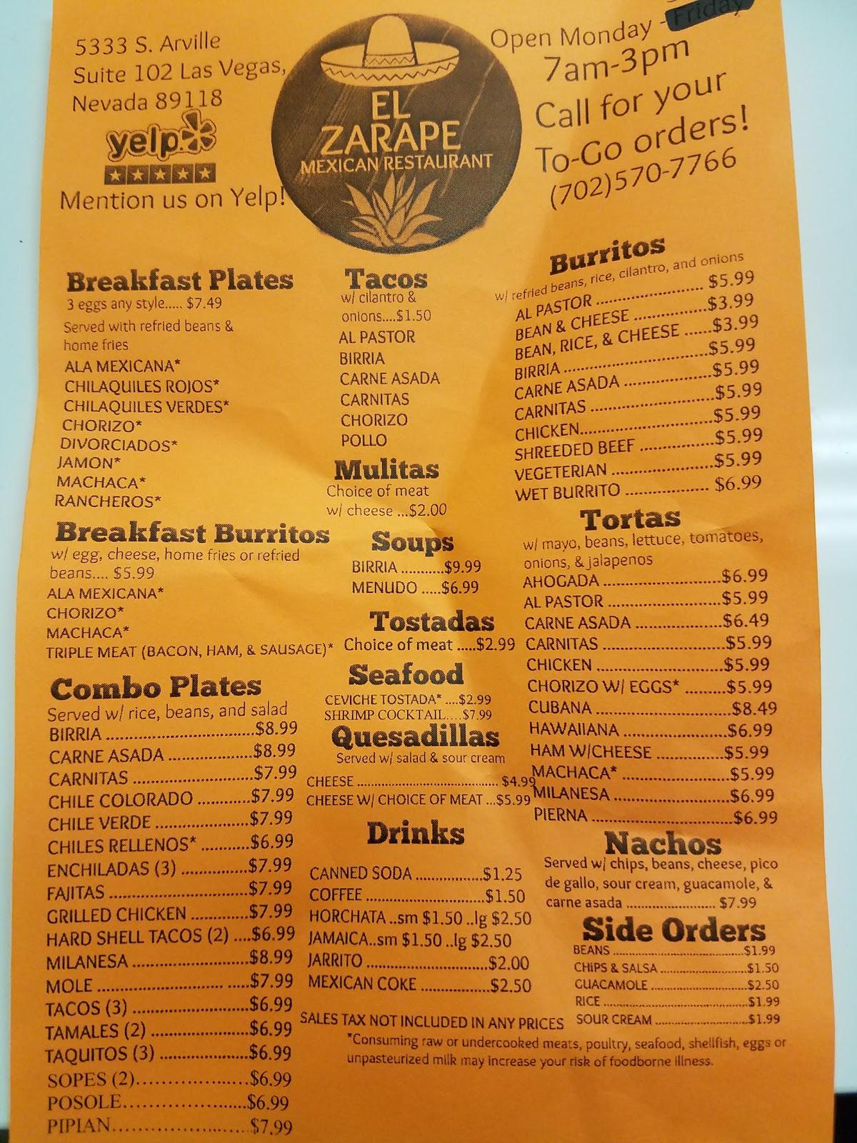 Menu at EL Zarape 1 (Arville) restaurant, Las Vegas
