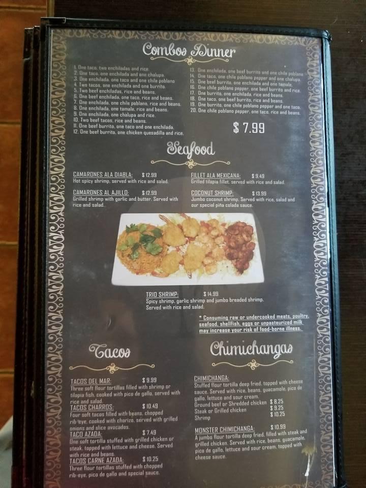 Menu at El Acapulco restaurant, Pocahontas, US-67