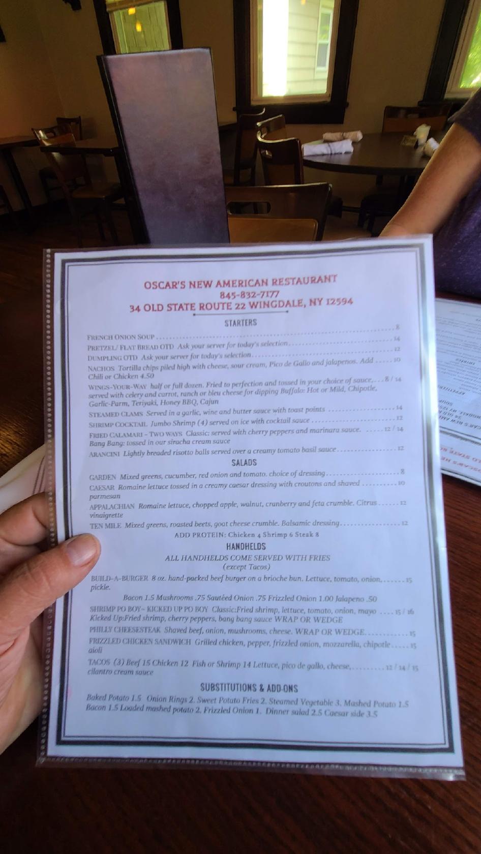 Menu at Oscar’s restaurant, Wingdale