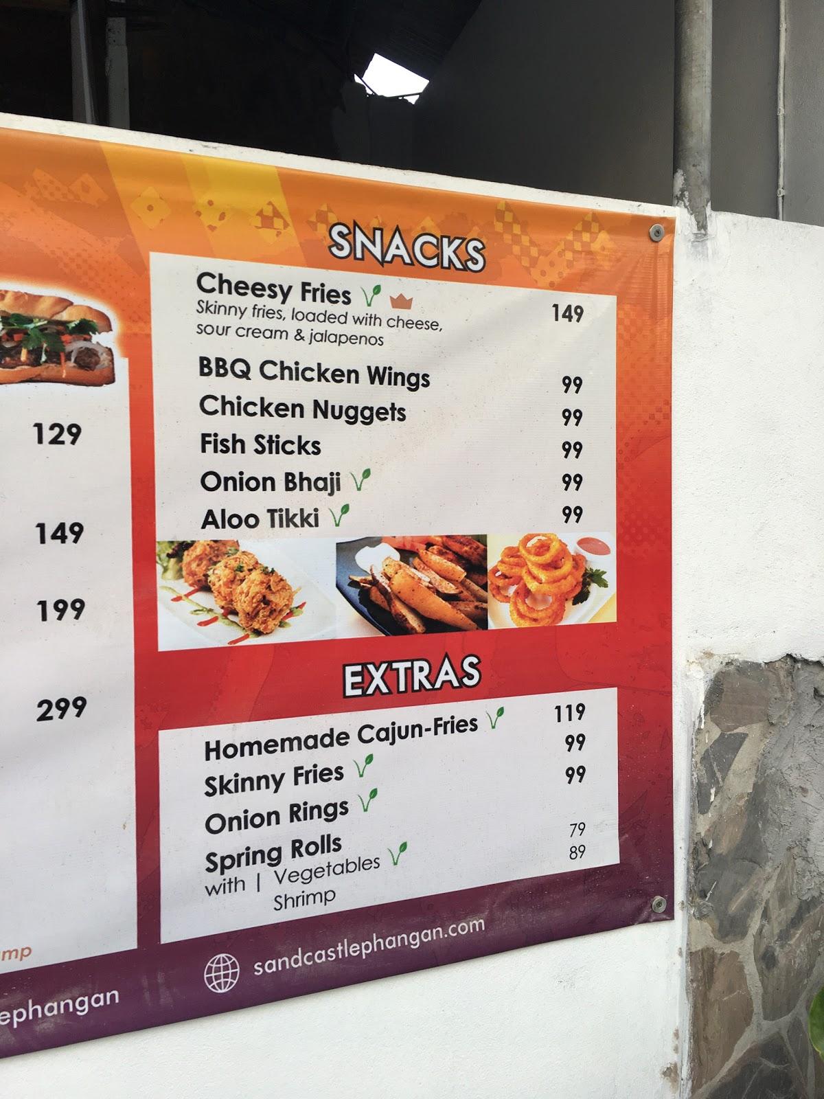 Menu at Sandcastle pub & bar, Ko Pha-ngan
