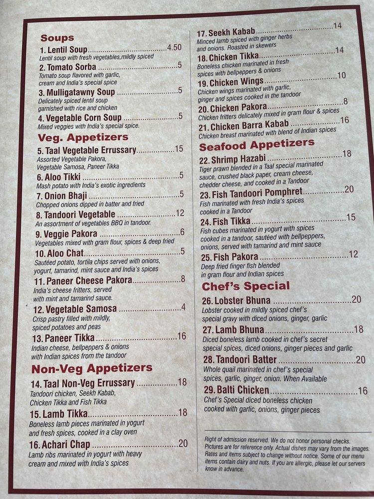 Menu at Taal Cultural Cuisine of India restaurant, Brea, 975 E Birch St