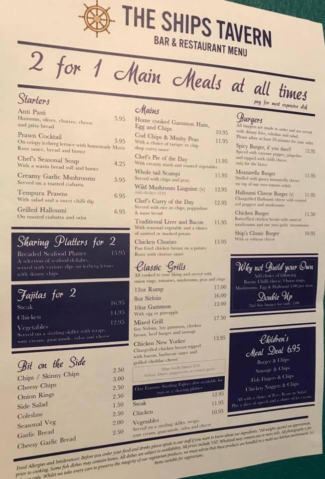 Menu at The Ships Tavern pub & bar, Plymouth