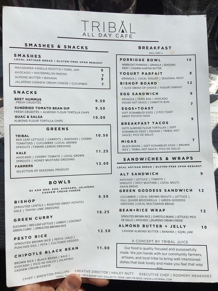 Menu at Tribal All Day Cafe, Dallas