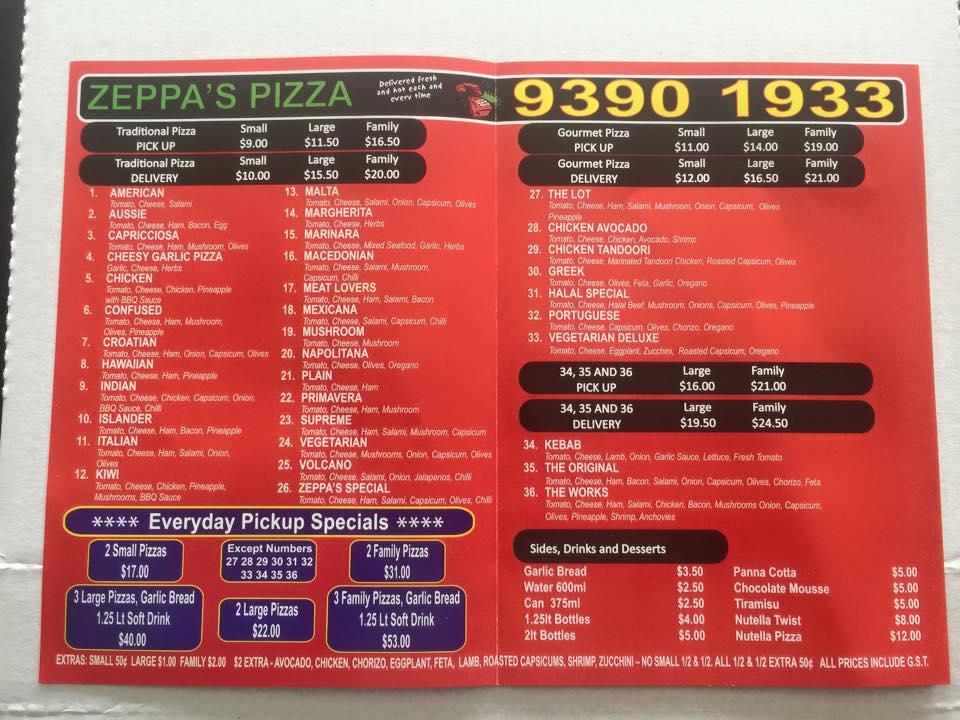 Menu at Zeppa's Pizza fast food, Sydenham