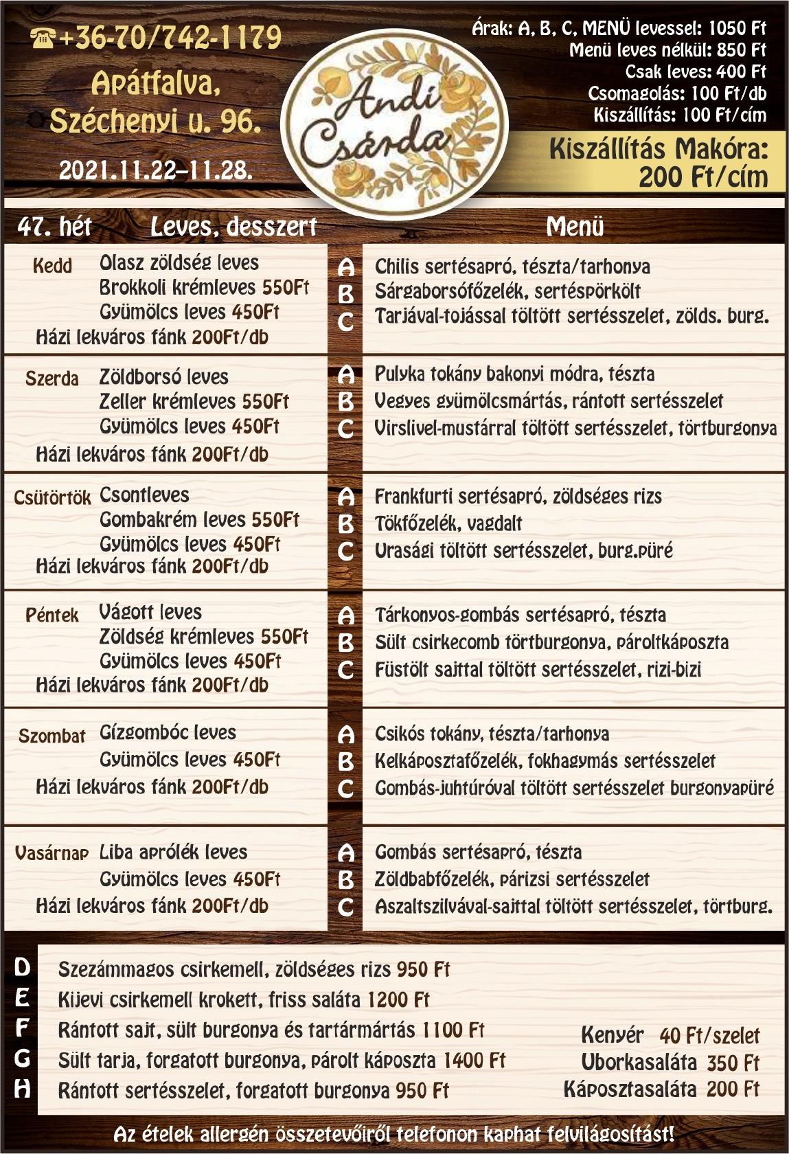 Menu at Andi Csárda restaurant, Apátfalva