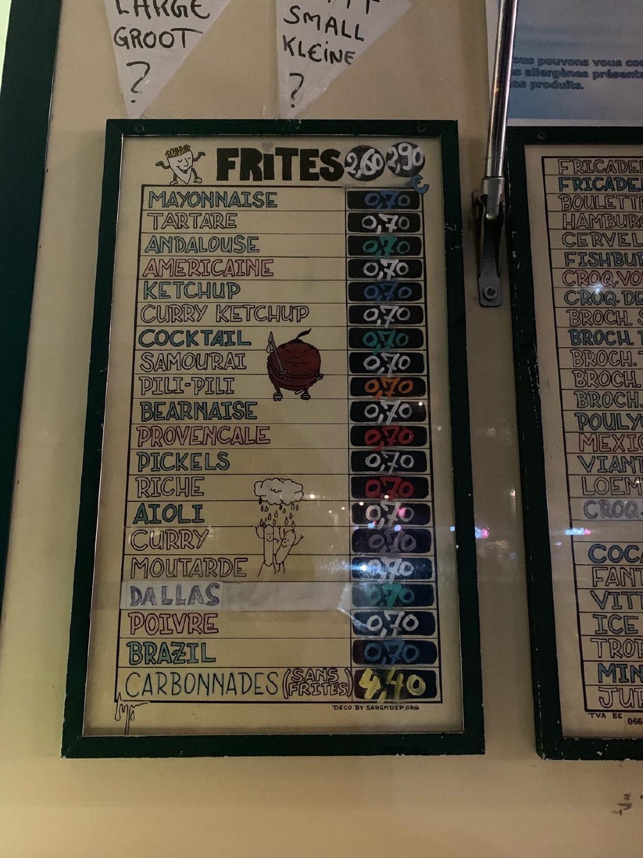Menu at Frit Flagey, Ixelles, Pl. Eugène Flagey