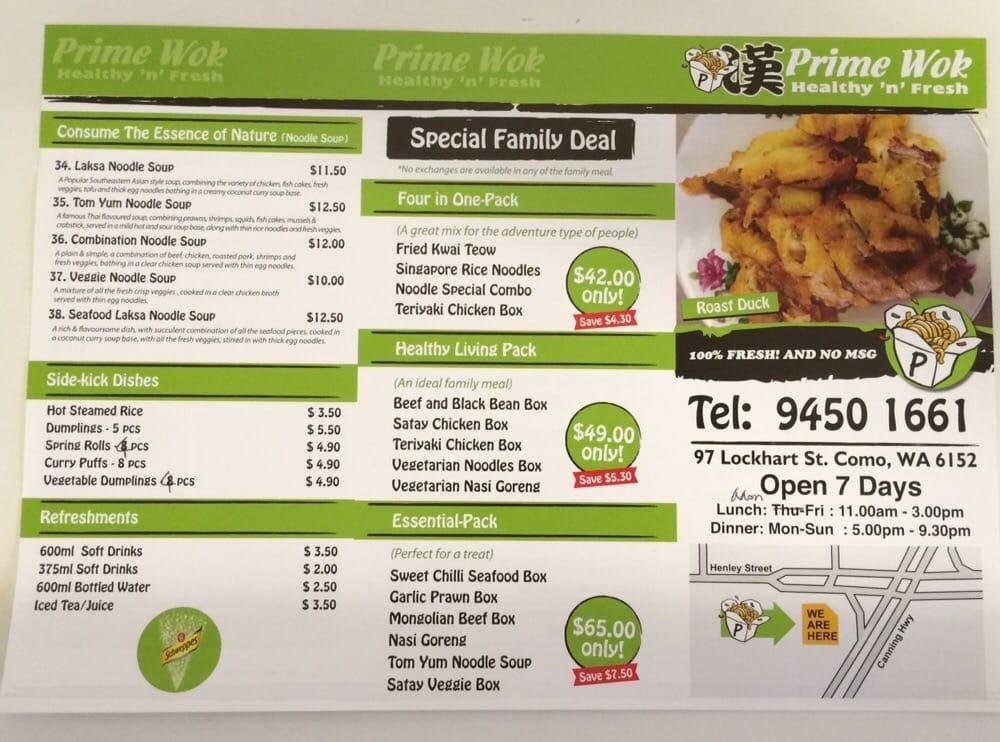 Menu at Prime Wok steakhouse, Como