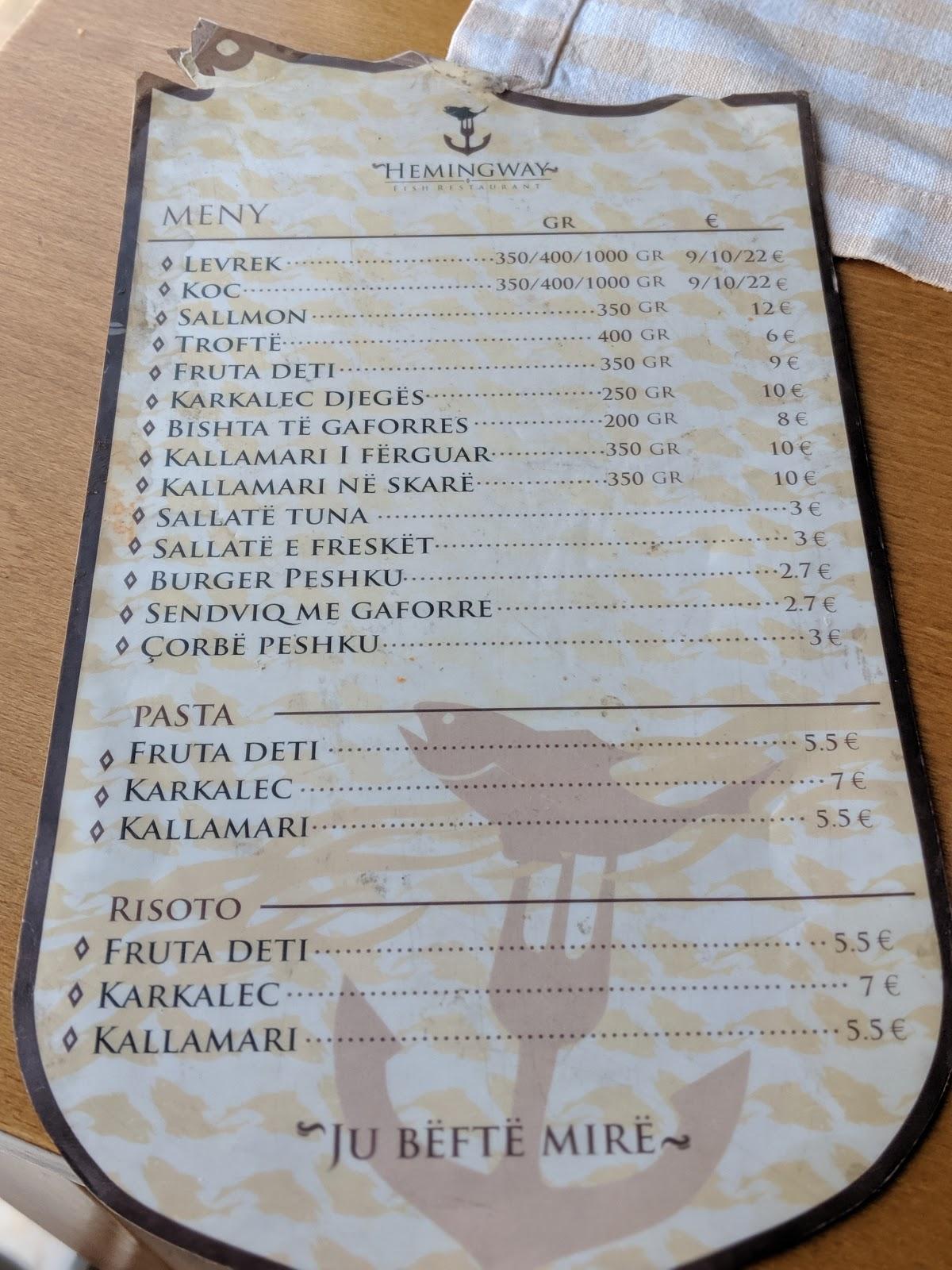 Speisekarte von Hemingway Fish Restaurant, Priština