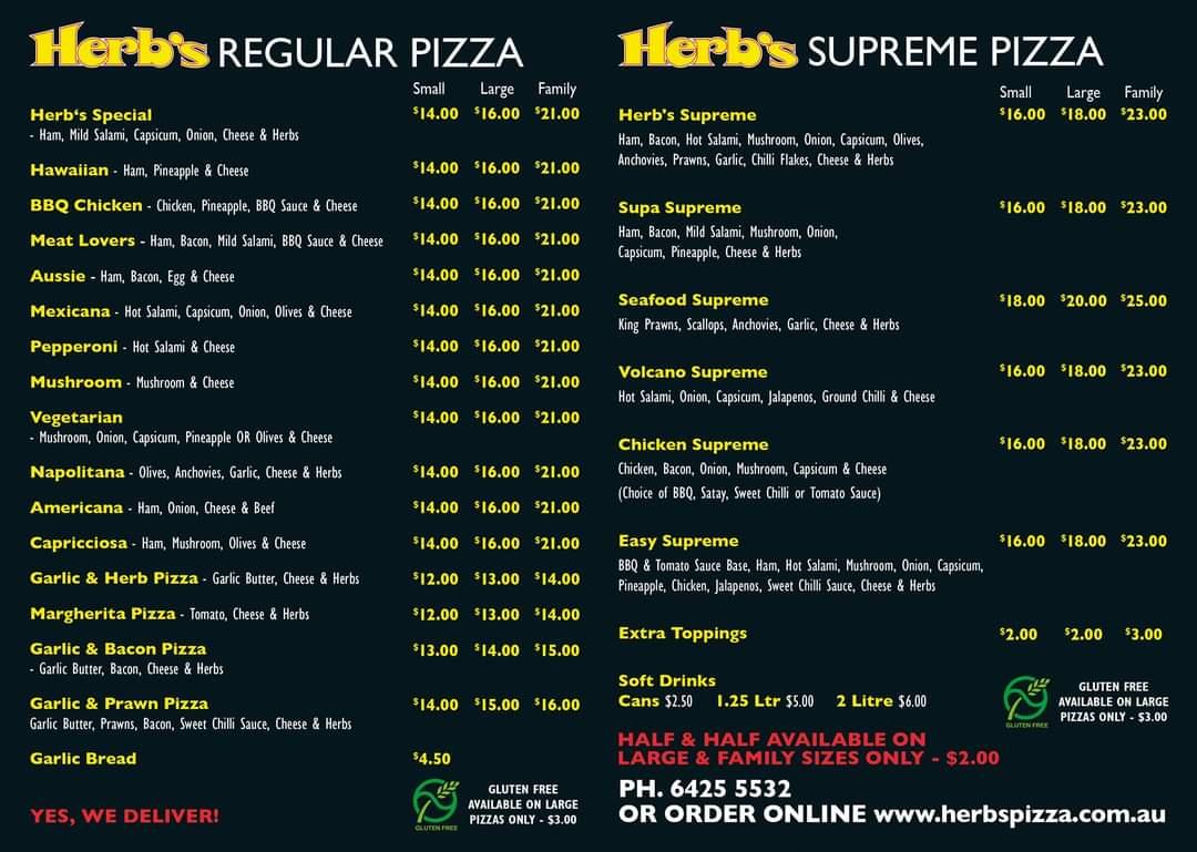 Menu at Herb's Pizza Ulverstone pizzeria, West Ulverstone