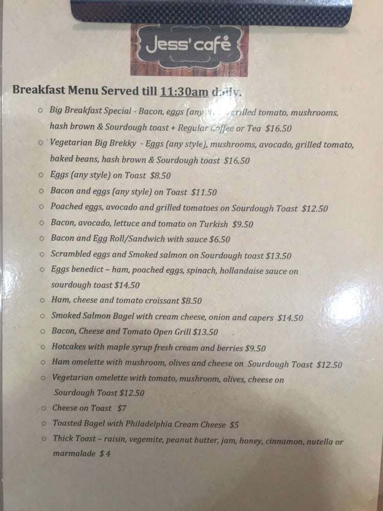 Menu at Jess' Cafe, Castle Hill