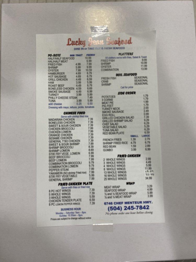 Menu at Lucky Jean Seafood restaurant, New Orleans, Chef Menteur Hwy
