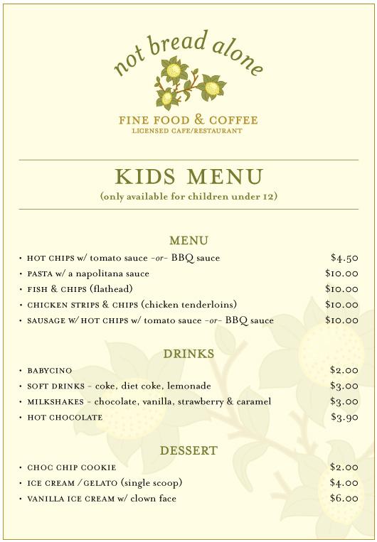 Menu at Not Bread Alone Restaurant & Cafe, Crows Nest, 376 Pacific Hwy