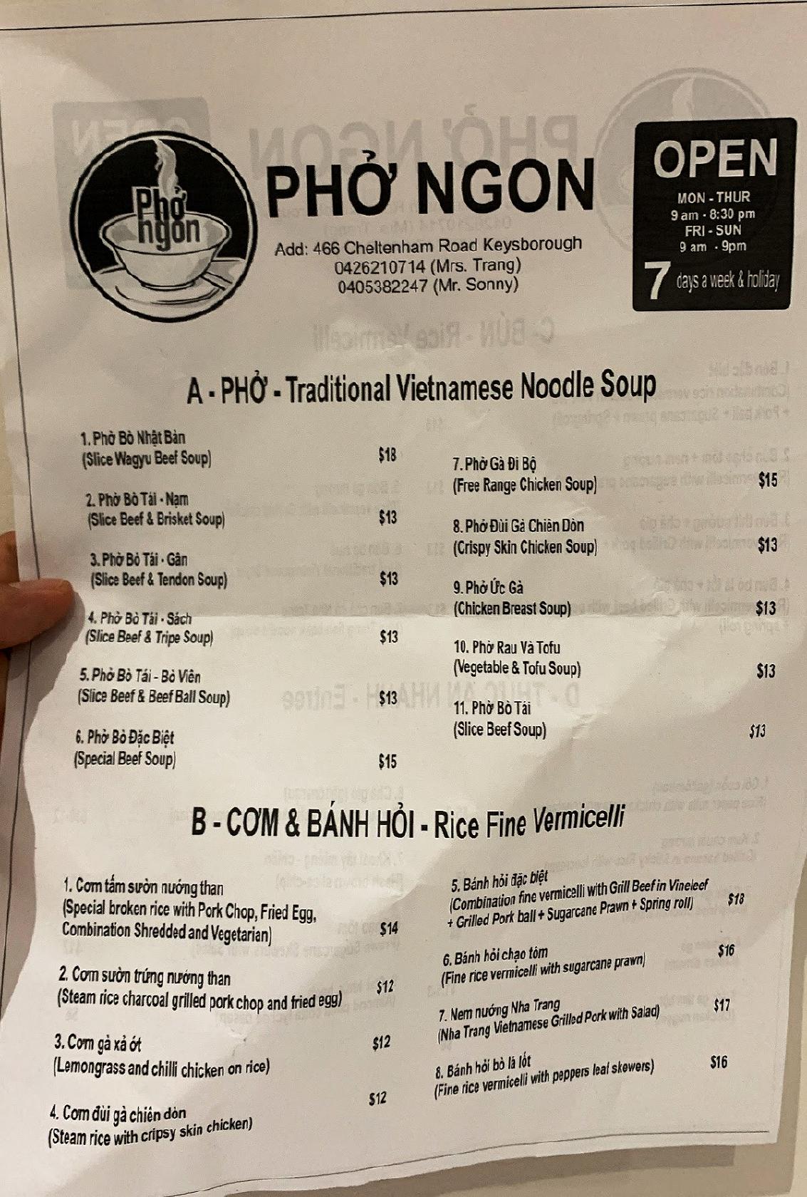 Menu at Pho Ngon Keysborough restaurant, Keysborough