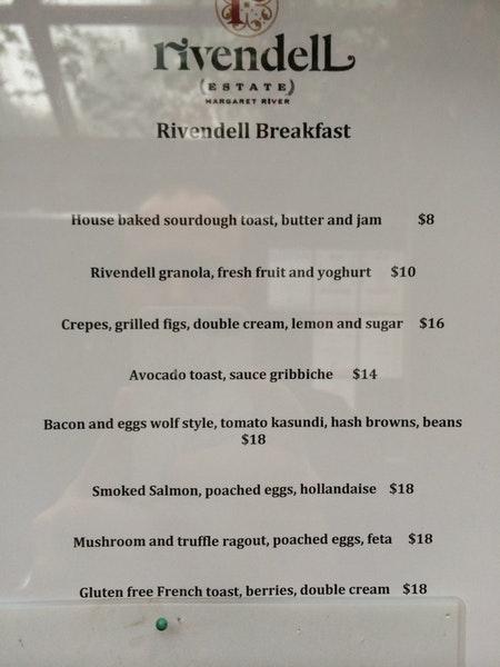 Menu at Rivendell Winery Estate restaurant, Yallingup