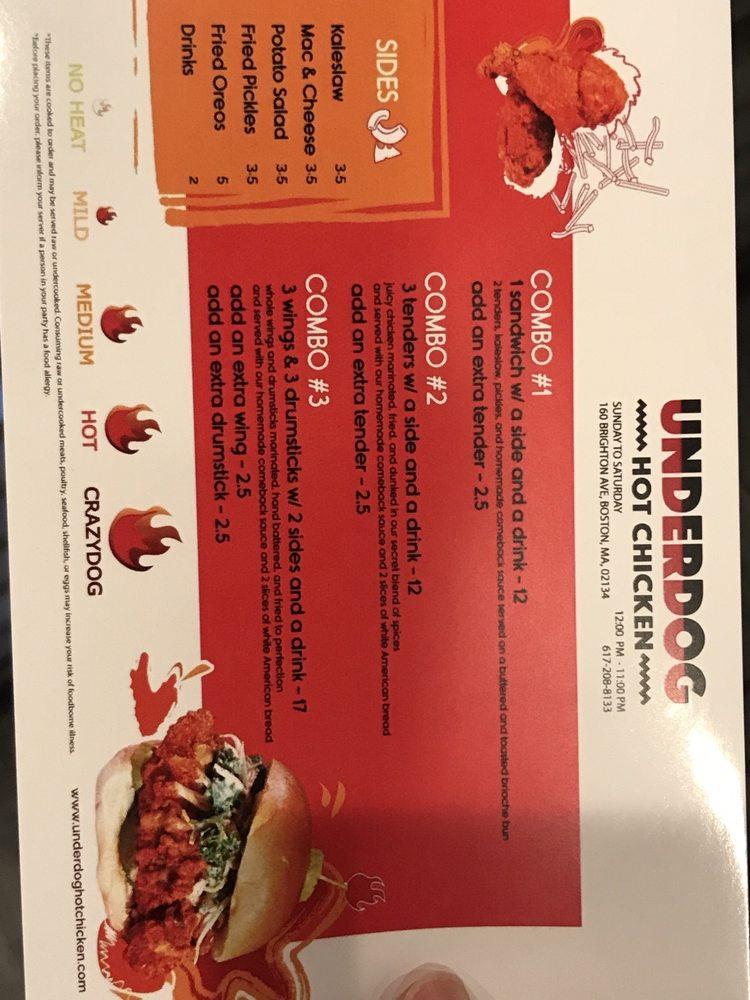 Menu at Underdog Hot Chicken fast food, Boston