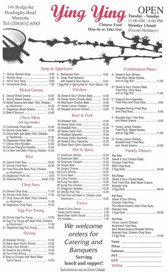 Menu at Ying Ying Chinese Food restaurant, Headingley, 146 Bridge Rd