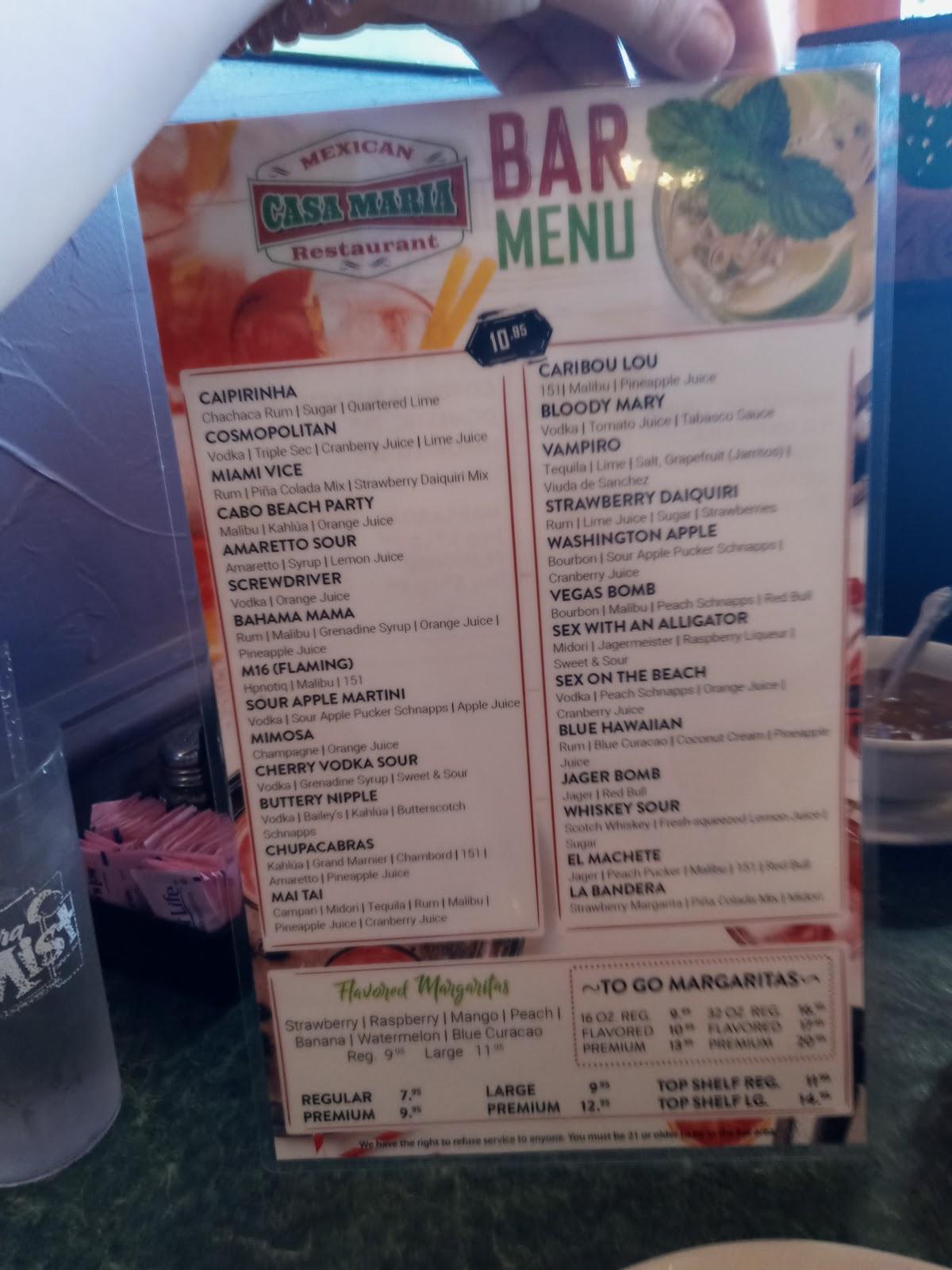 Menu at Casa Maria restaurant, Houston