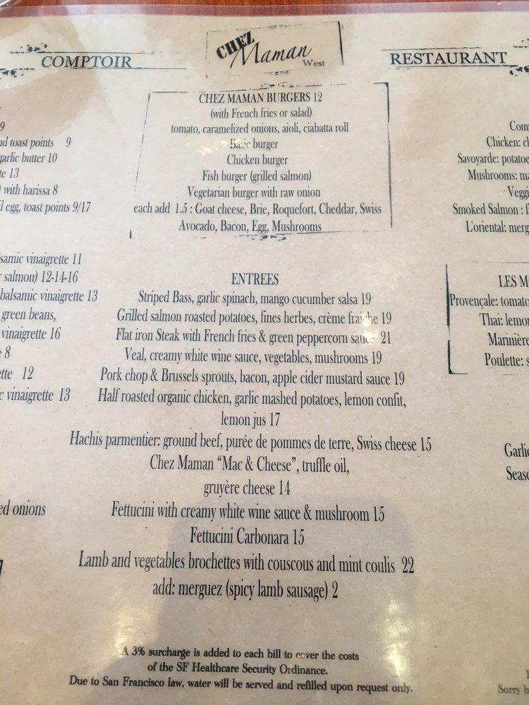 Menu at Chez Maman West restaurant, San Francisco, 401 Gough St
